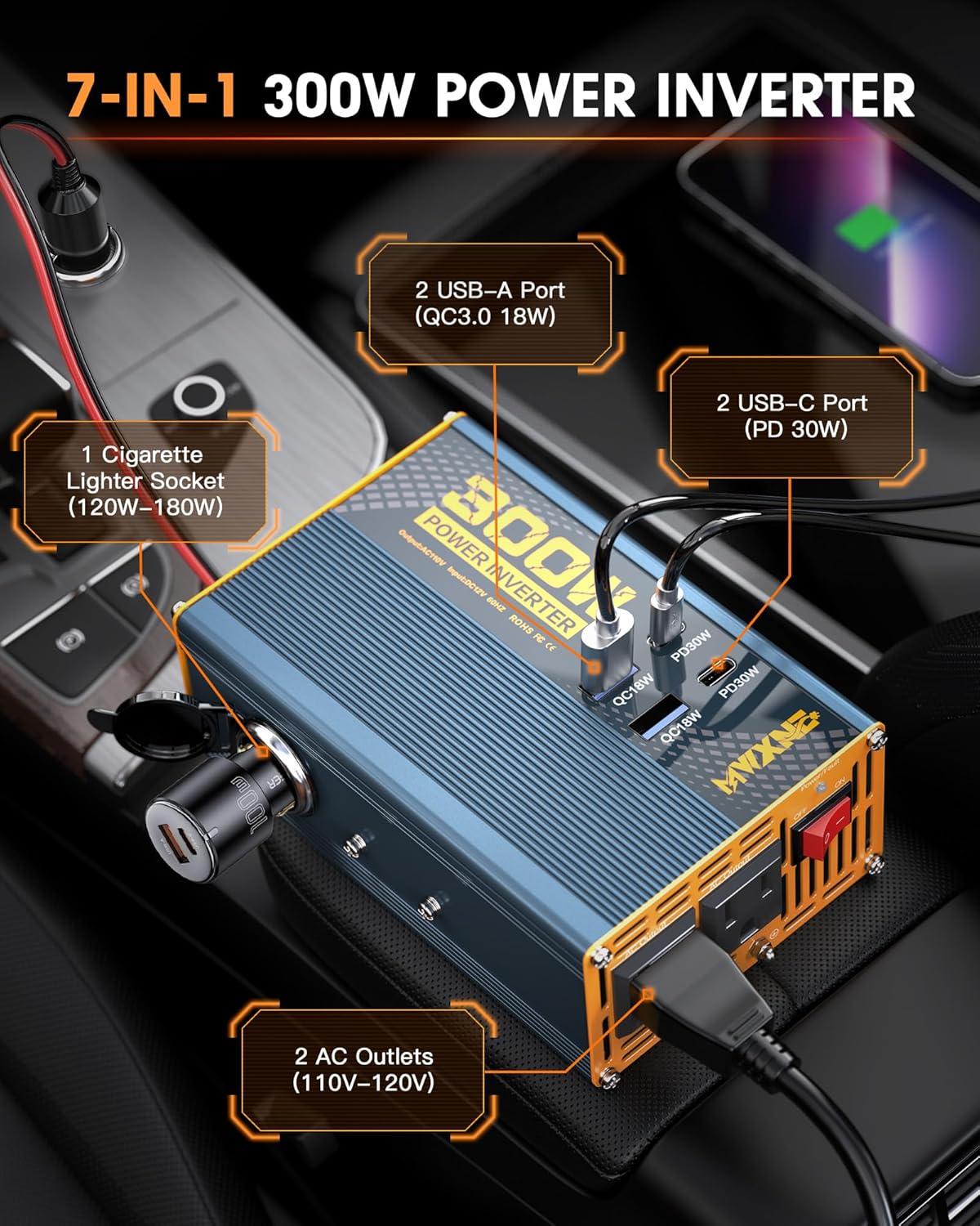 MWXNE 300W Car Power Inverter DC 12V to 110V AC Cigarette Lighter ...