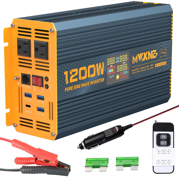MWXNE 1200W Pure Sine Wave Power Inverter DC 12V to 110V 120V AC for ...