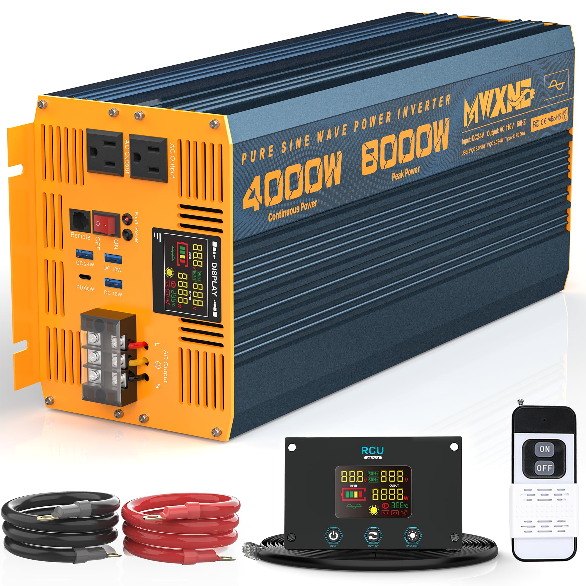 MWXNE 4000W Pure Sine Wave Power Inverter 24V to 110V 120V for Home RV ...