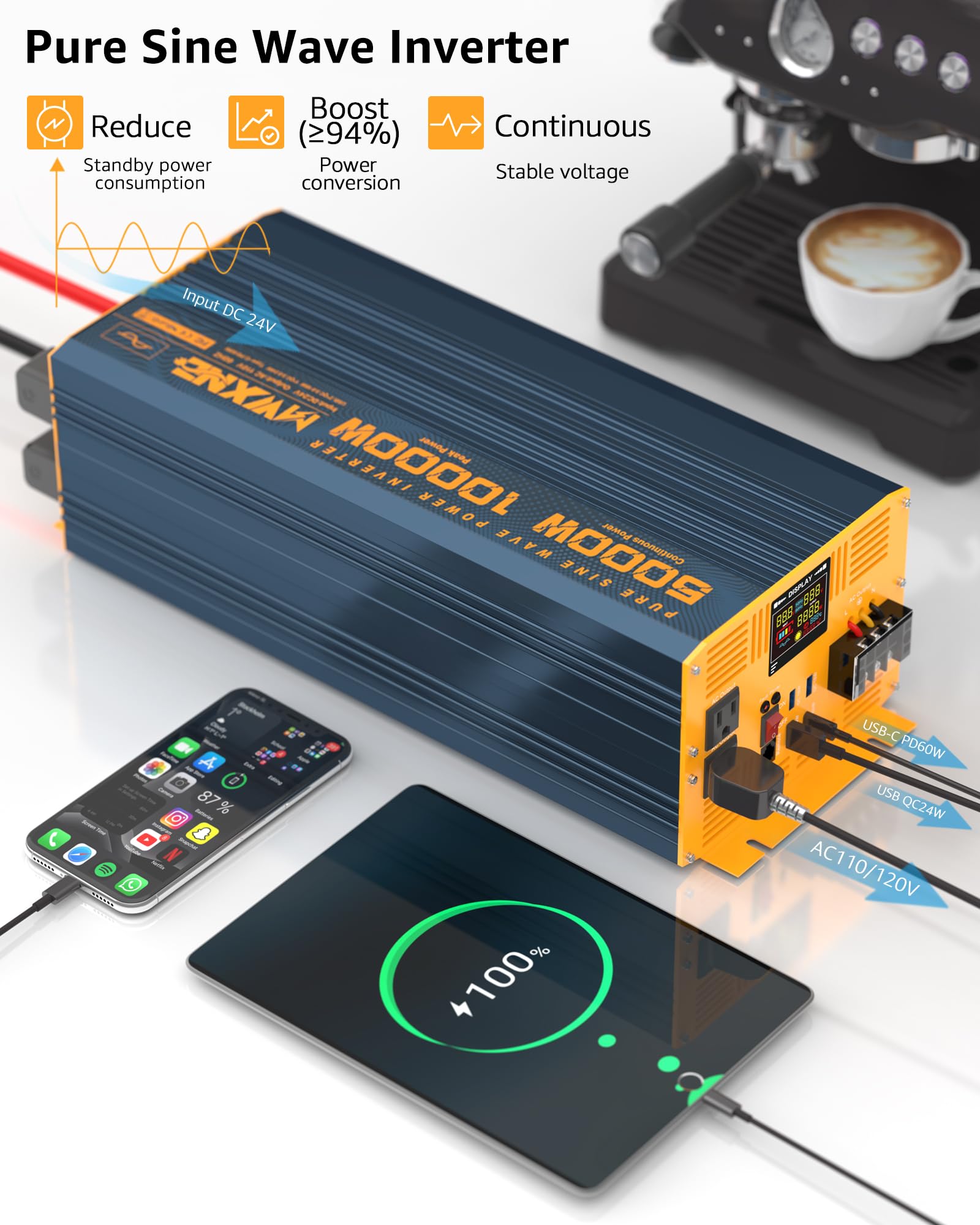 MWXNE 5000 Watt 24V Pure Sine Wave Power Inverter Heavy Duty Inverter ...